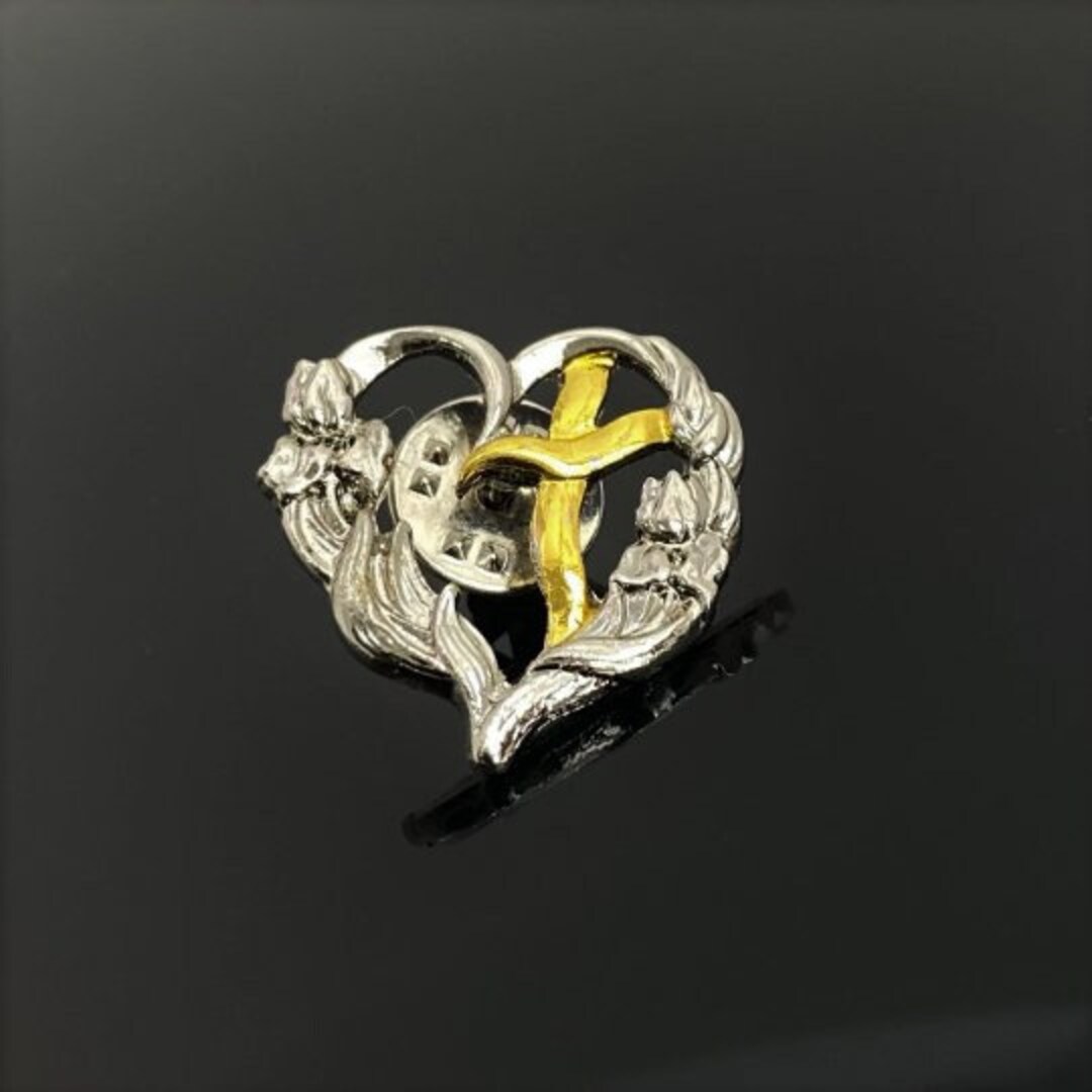 Vintage Two Tone Heart Cross Lilies Pin Gold Tone Cross Silver Tone ...