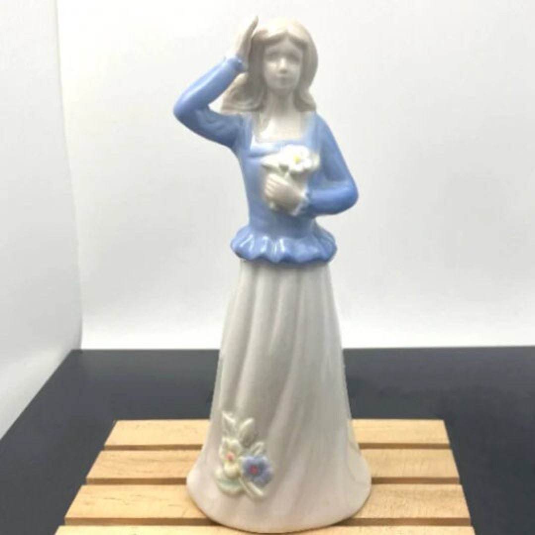 Vintage Porcelain Lady Figurine Blue White Floral Dress Holding Flowers ...
