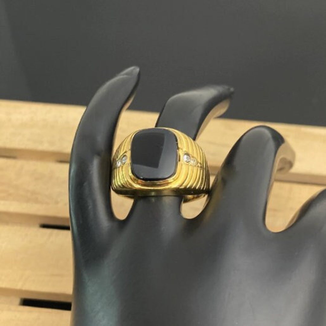 Vintage 18K GF Black Onyx Ring Clear Crystal Accent Stones Hallmark ...