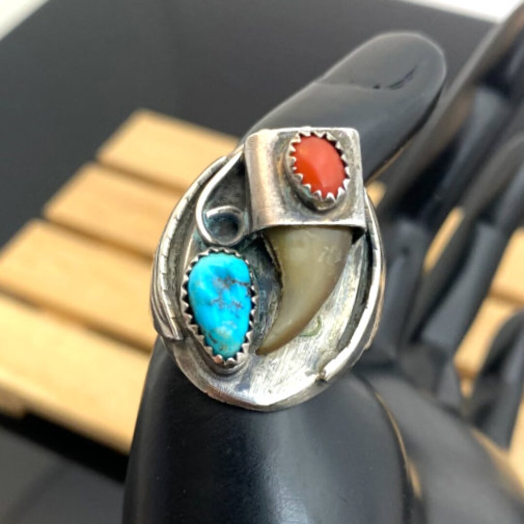 Vintage Southwestern Turquoise Bear Claw Coral Ring Navajo Designed ...