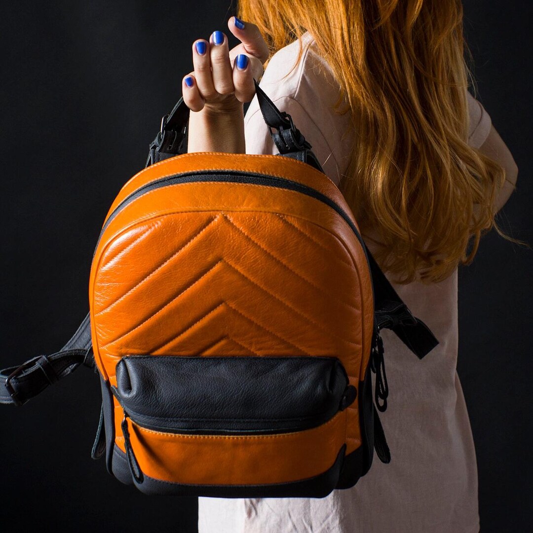 Leather Backpack Womens, Orange Leather Rucksack, Laptop Minimalist ...