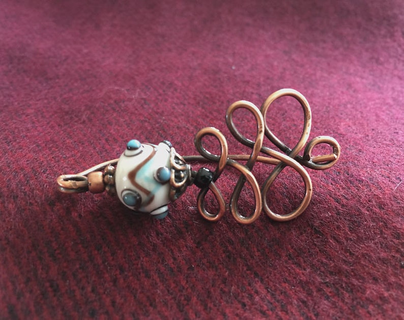 Small Copper Shawl Pin -- Beaded Scarf Pin -- Wire Weave - Spirals ...