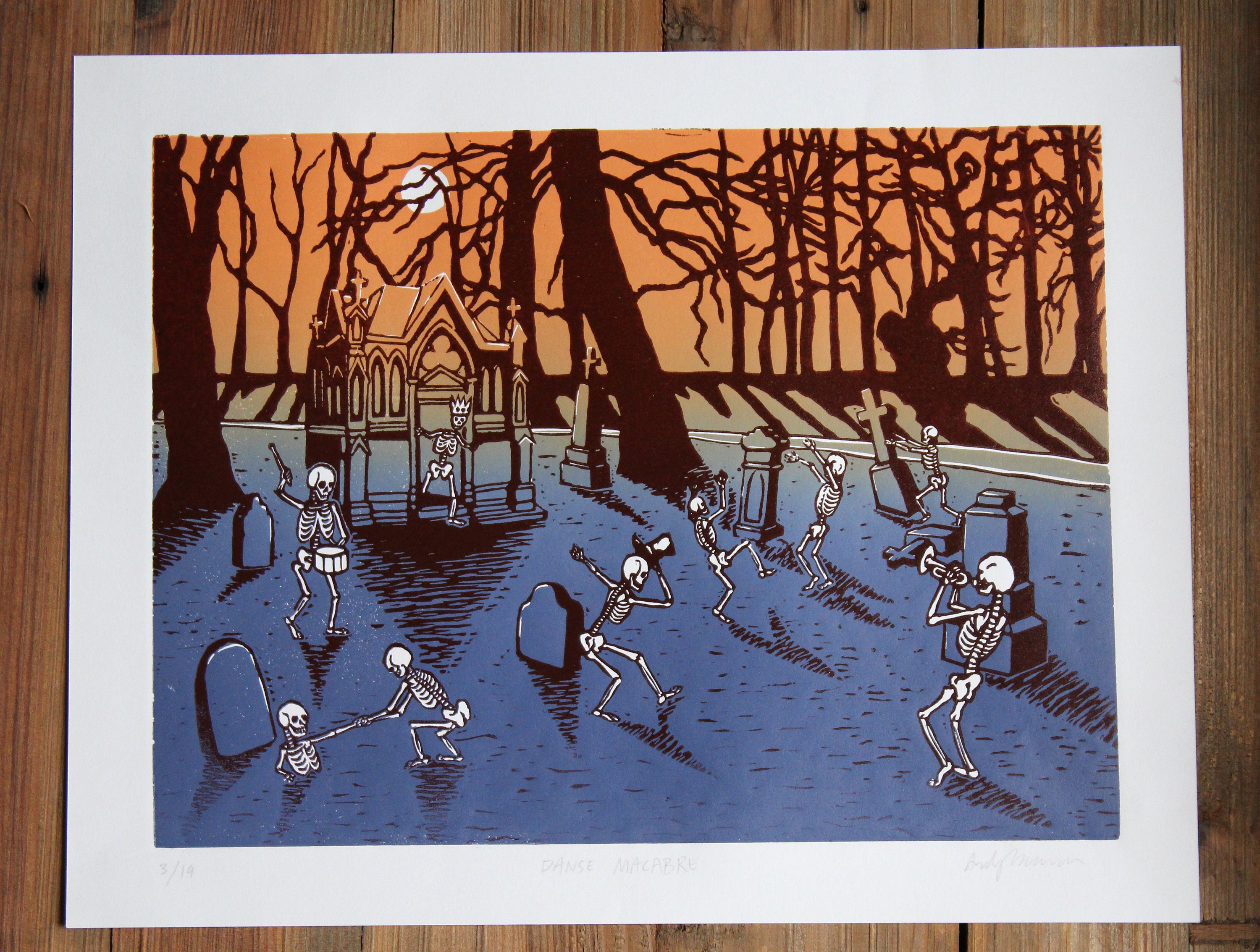 Danse Macabre Print Dancing Skeleton Crypt Grave Halloween Handmade ...