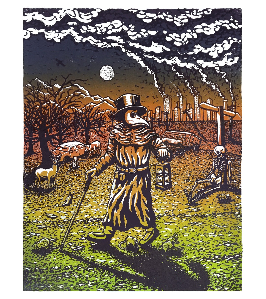 Awaiting the Cure, Plague Doctor Linoleum Print - Apocalypse - Death ...