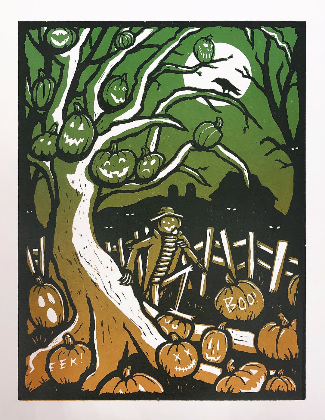 Jack of the Woods - Handmade Linocut Print With Halloween Tree ...