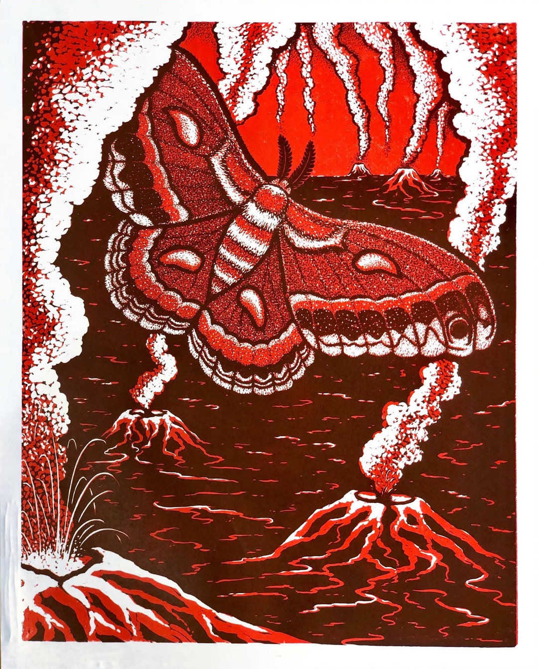 Vulcan Moth - Handmade Print With a Giant Moth Flying Over Volcanos and ...