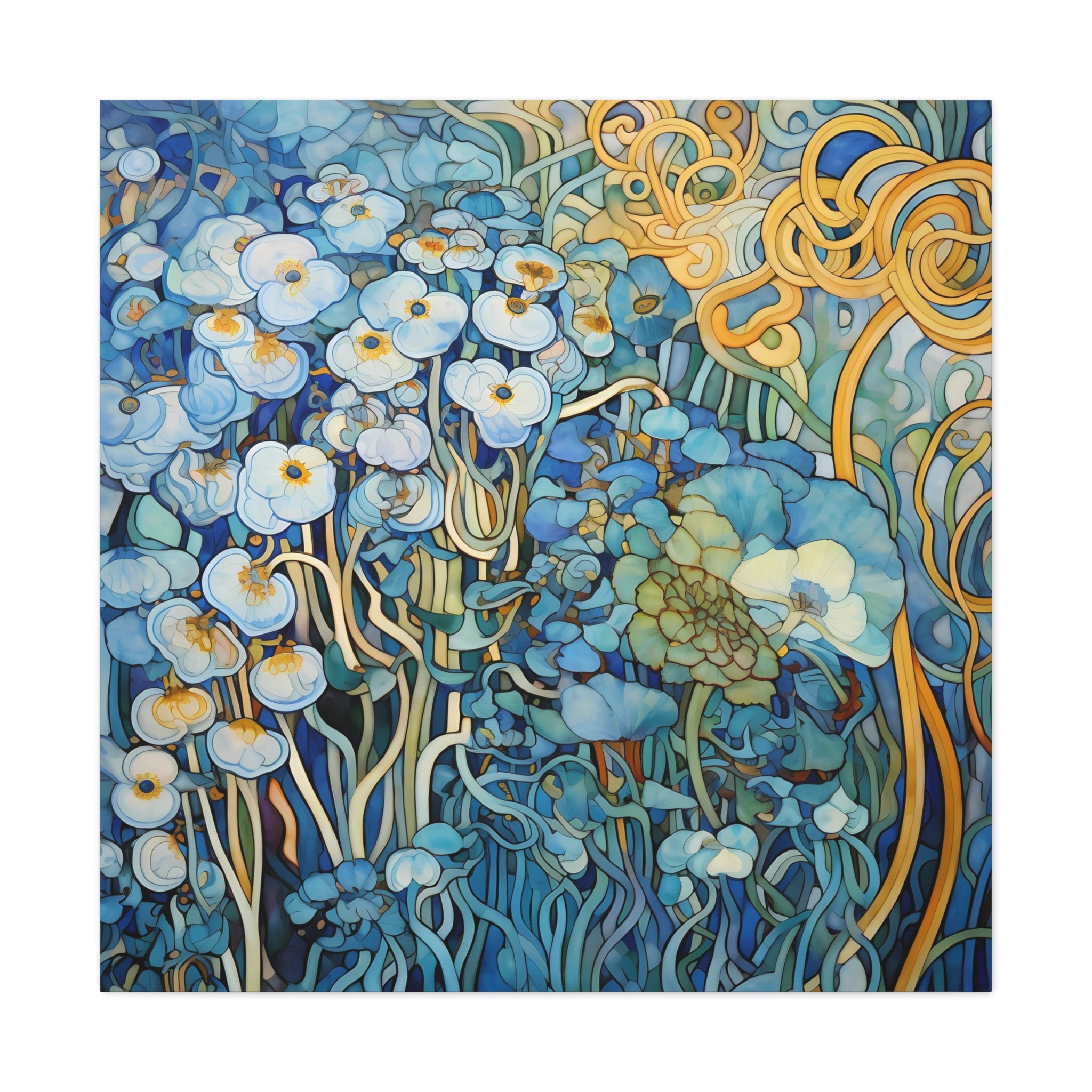 Blue Floral Melange Klimt Gustav Inspired With Gold Color Accent Art ...