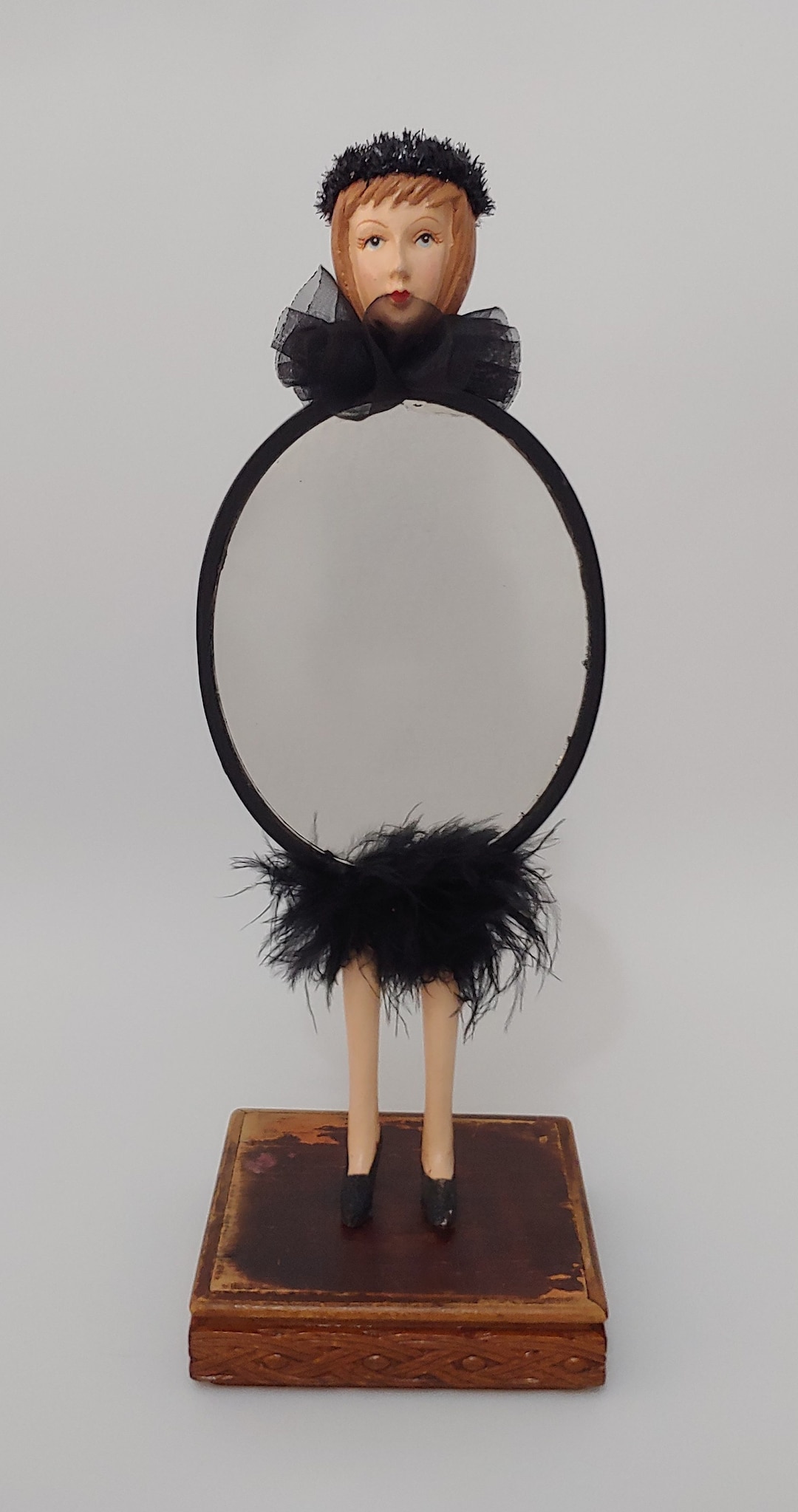 Art Deco Flapper Mirror – Resin Figurine, Wooden Base, 1920s Boudoir ...