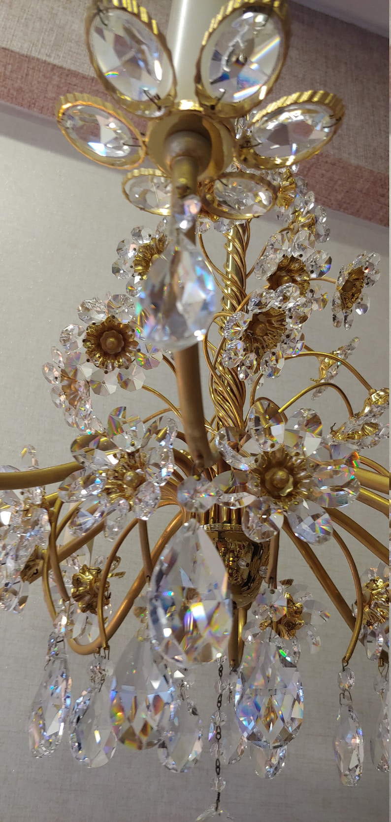 Palwa 24K Gold Plated Crystal Flower Chandelier, Mid-century German ...