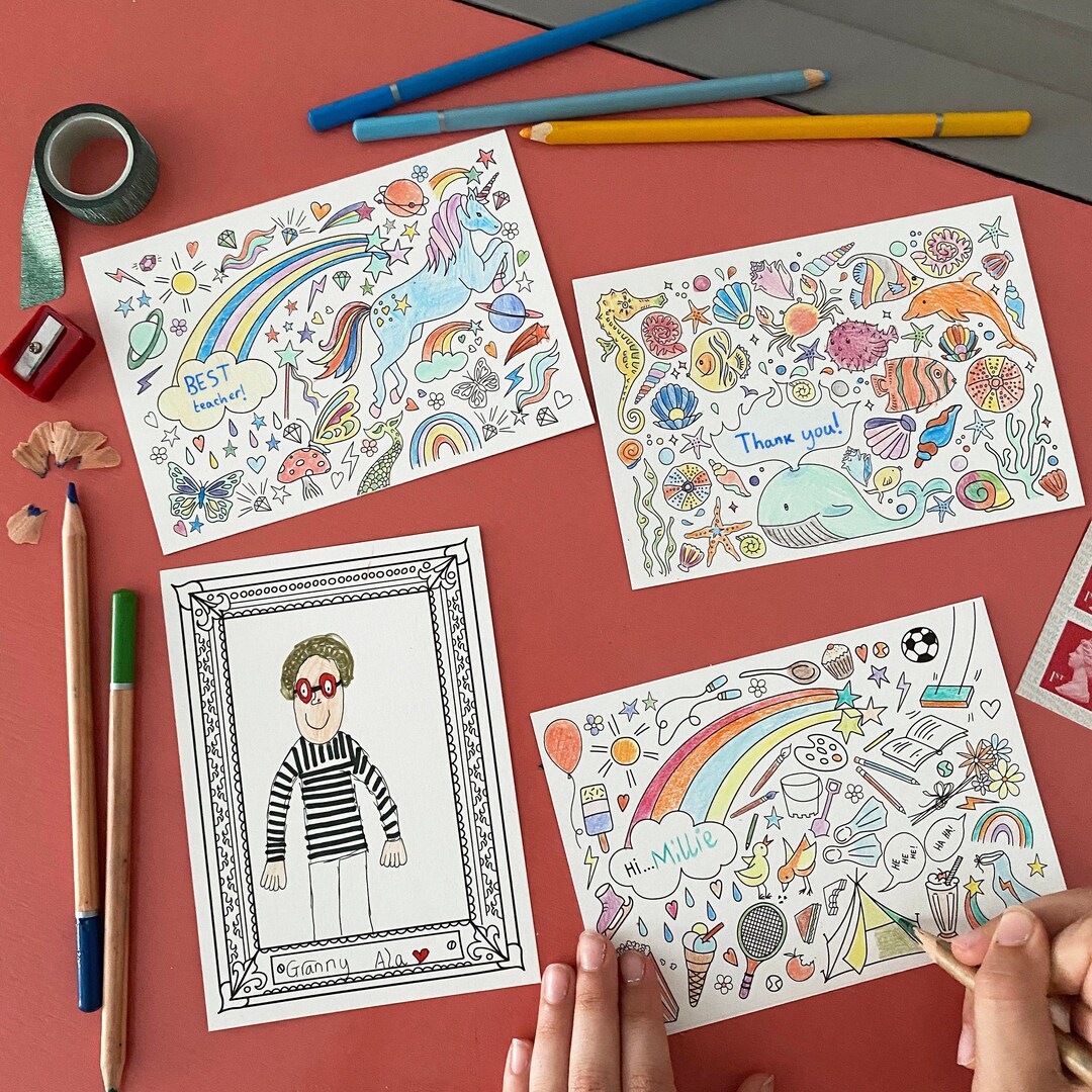 Kid's Colouring Postcards - Mixed Set of 8 Fun Postcards to Colour ...