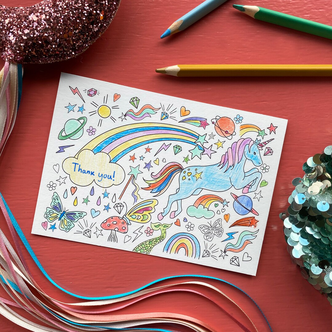 Kids' Unicorn Colouring Postcard Set: Magical Theme, for Thank You ...