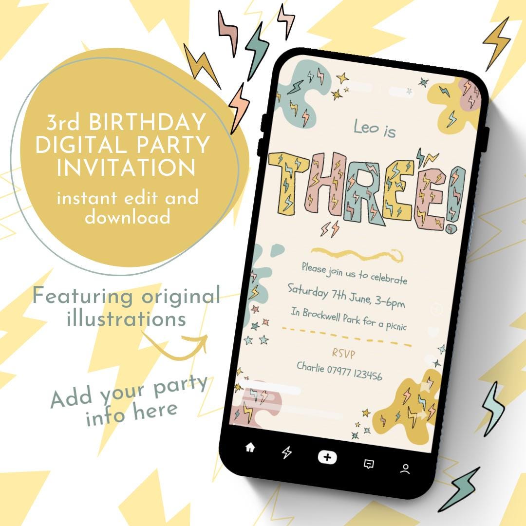 Kids 3rd Birthday Party Invitation. Editable Canva E-vite Template ...