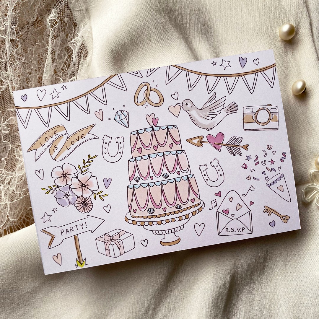 Wedding Coloring Postcards: Kids' Activity Favors, Illustrated Mementos ...