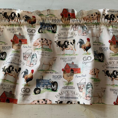 Country Farmhouse Valance With Roosters Pigs Cows Red - Etsy