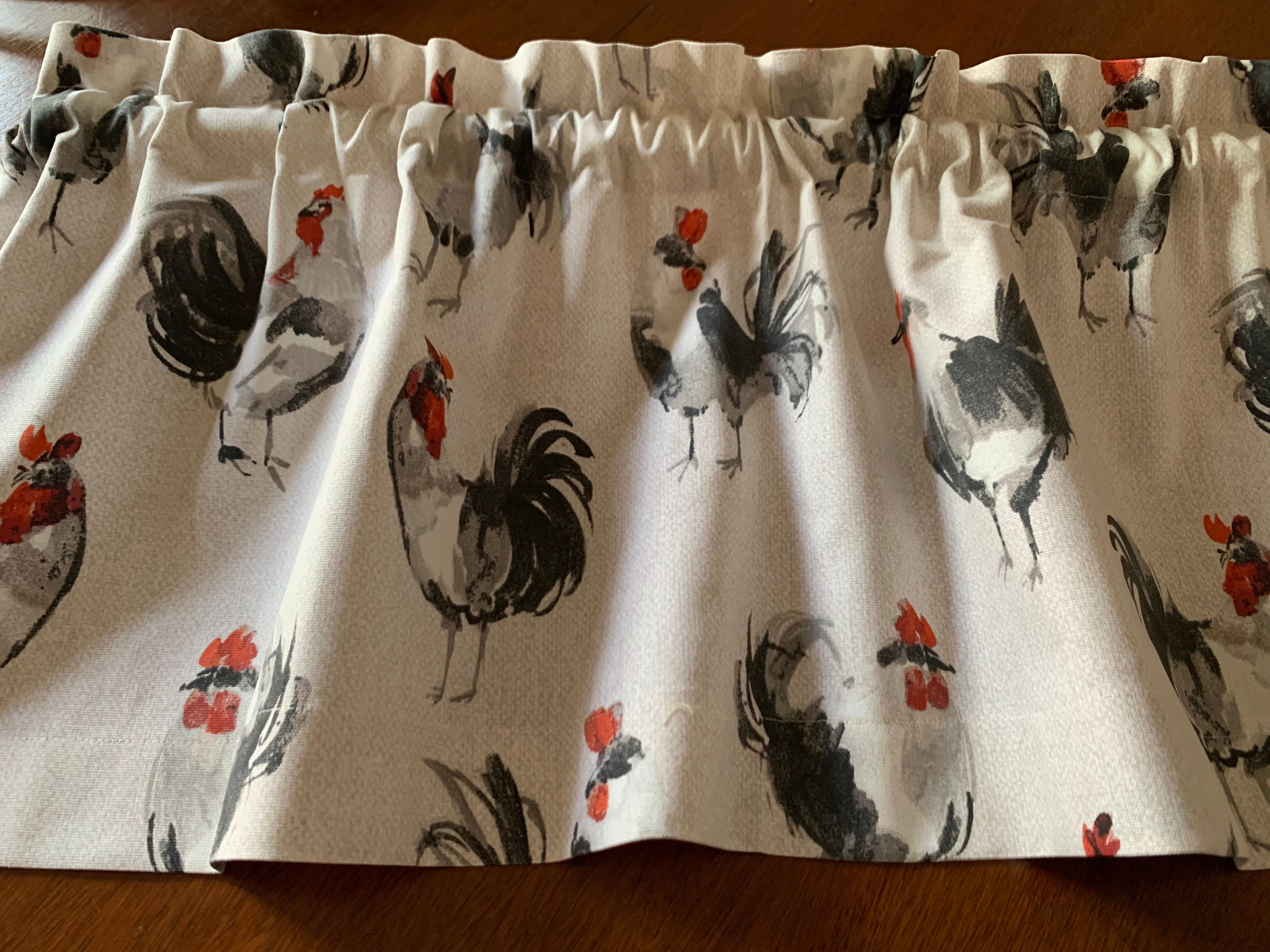 Classic Rooster Valance With Modern Colors of Gray With Touches of Red ...