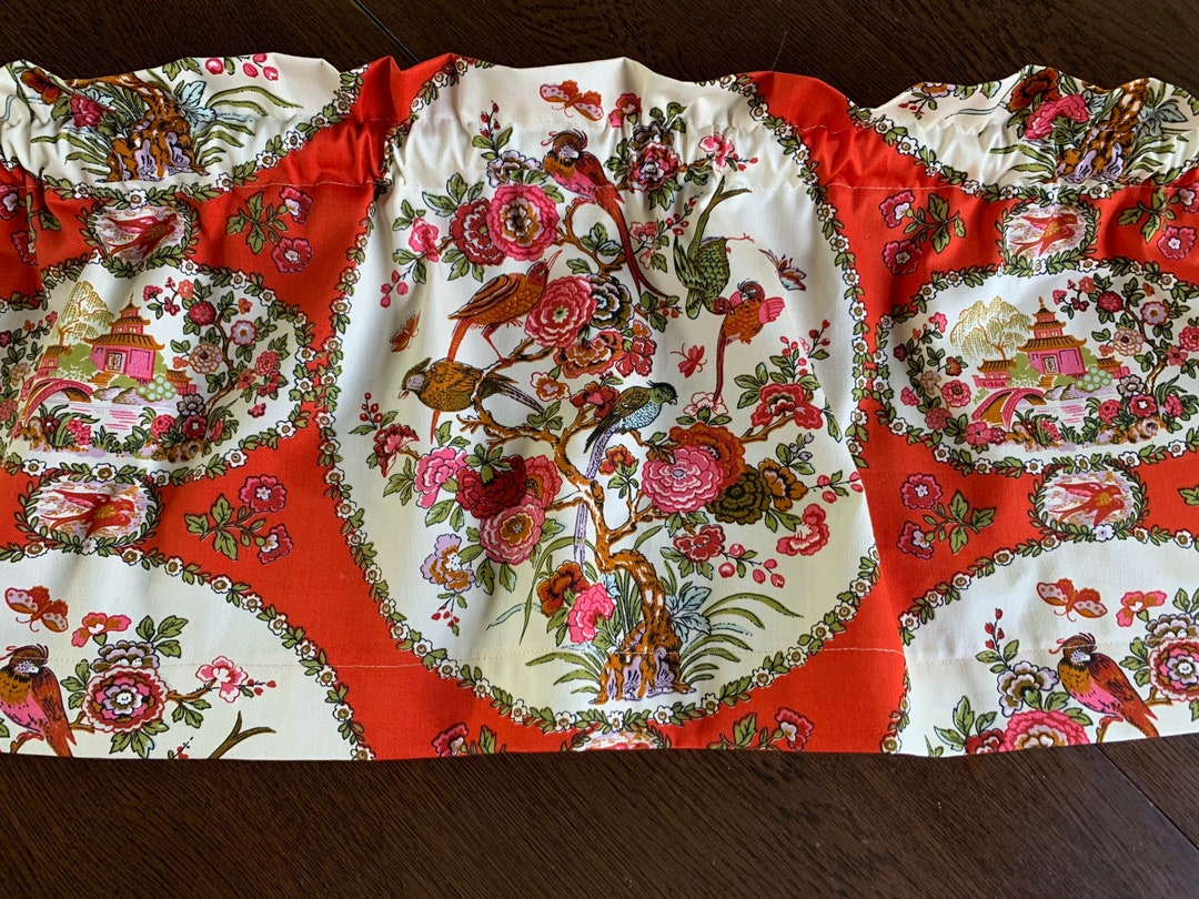New Vintage Chinoiserie Valance in Red With Birds, Pagoda, Flowers ...