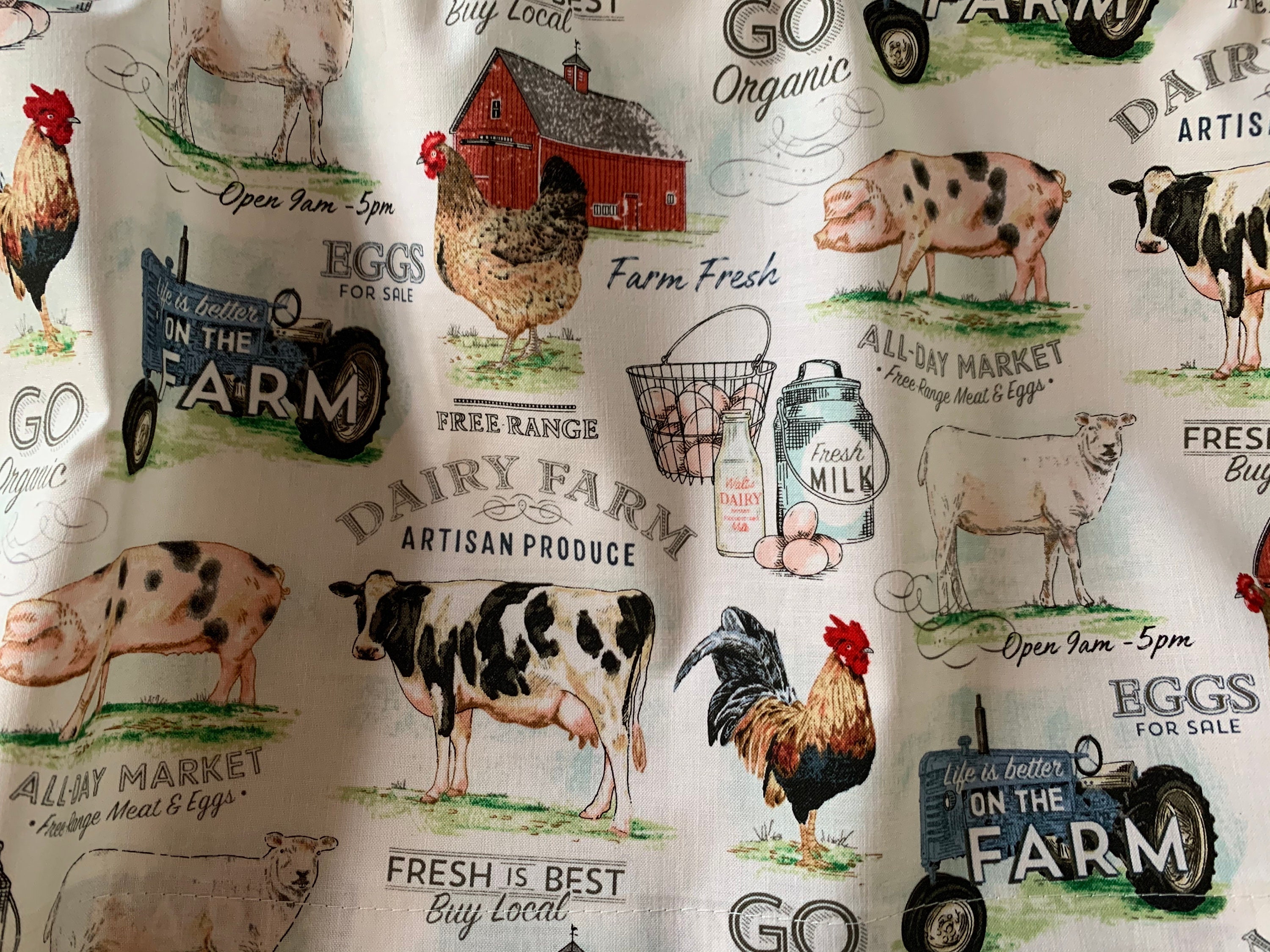 Country Farmhouse Valance With Roosters, Pigs, Cows, Red Barns ...