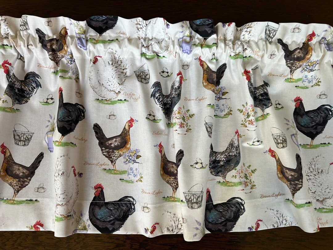Country Rooster Valance, White Fizzle, Brown Leghorn, Silver Sussex ...