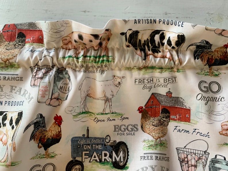 Country Farmhouse Valance With Roosters, Pigs, Cows, Red Barns ...