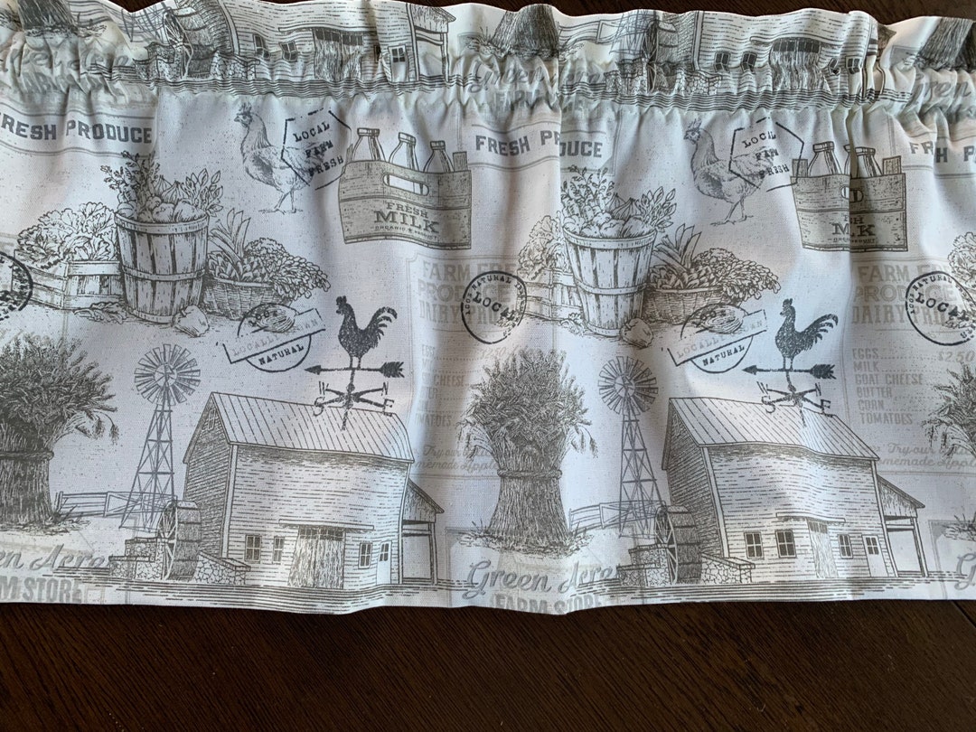 Country Farmhouse Valance With Farmhouse, Windmills, Roosters, Signs ...