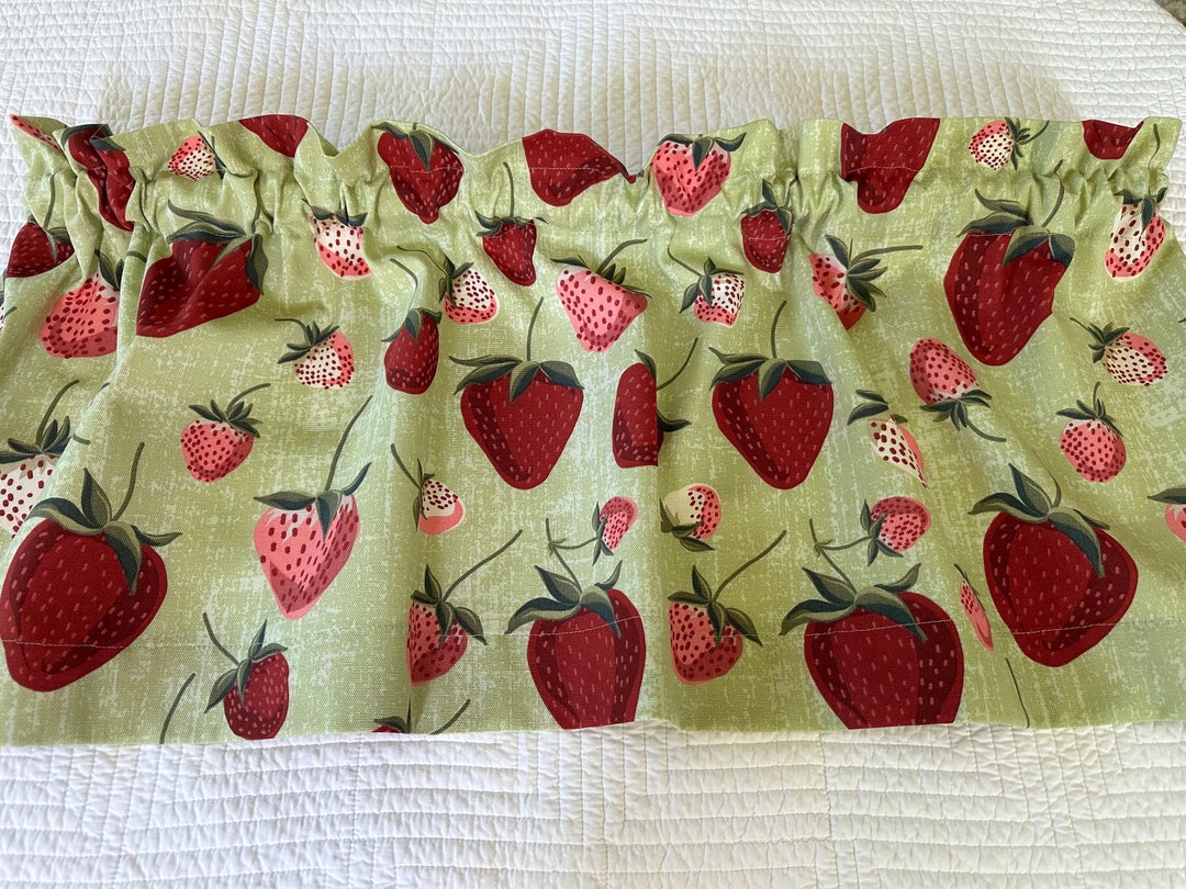 Whimsical Strawberry Valance With Green Background Berries in Dark Red ...