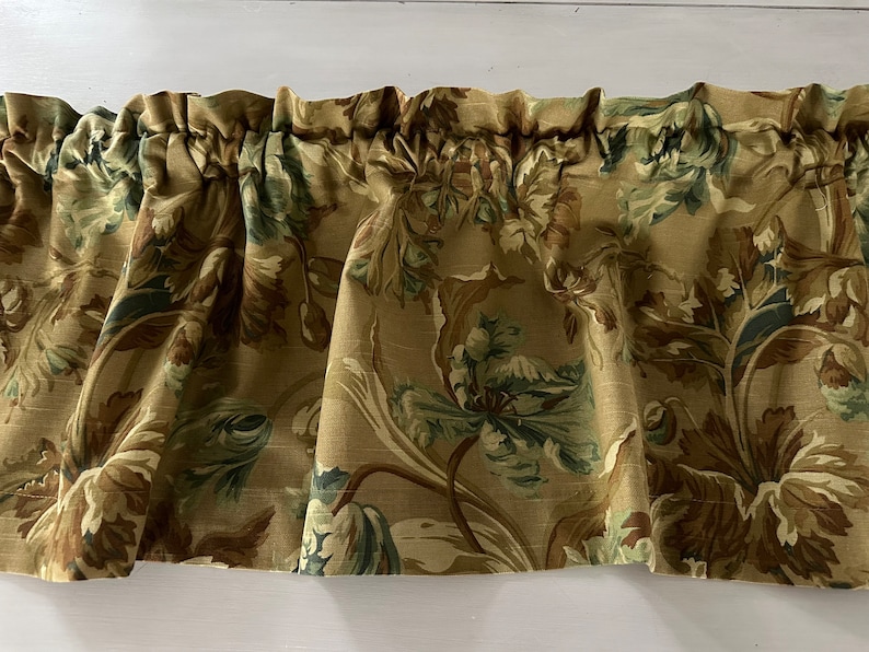 Floral Botanical Valance in Golden Browns, Dark Cream, Soft Teal, Aquas ...