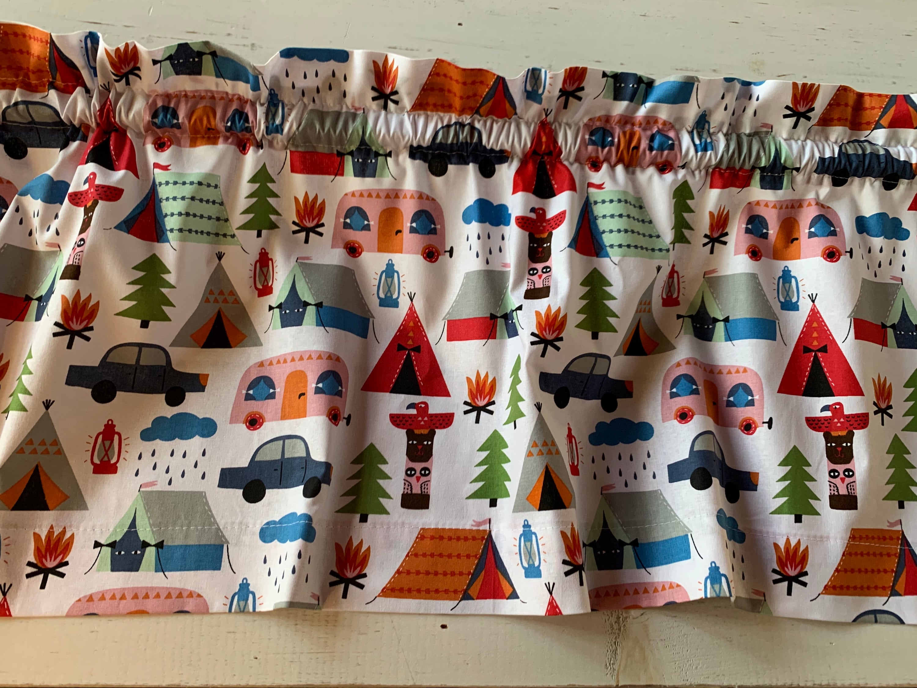 Modern Camping Valance With Mobile Campers, Tents, Totem Poles, Camp ...