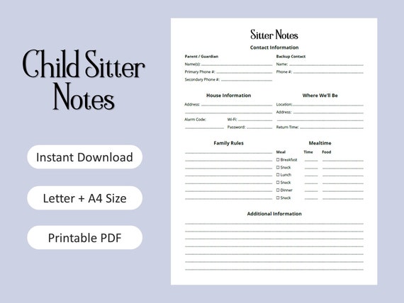 Child / Kid Sitter Notes Printable PDF Template - Etsy