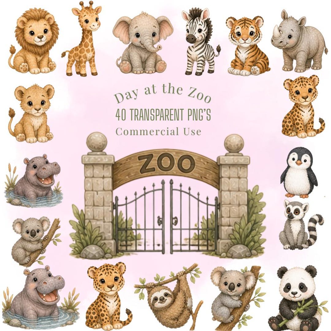 Day at the Zoo Clipart, Cute Animal PNG Bundle, Pastel Stickers - Etsy