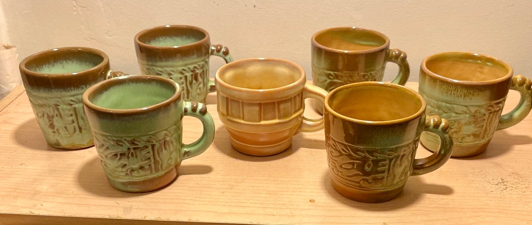 Vintage Frankoma Mayan Aztec Pattern 7C Coffee Mugs Lot of 6 Cups Green ...