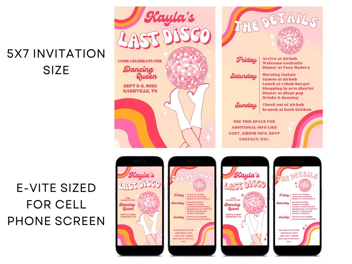 Last Disco Bachelorette Editable Invite Itinerary, Last Disco ...