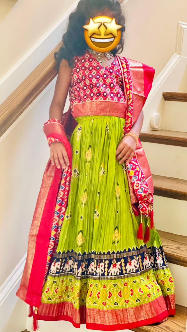 Kids Ikat Lehenga With Dupatta in Green - Etsy