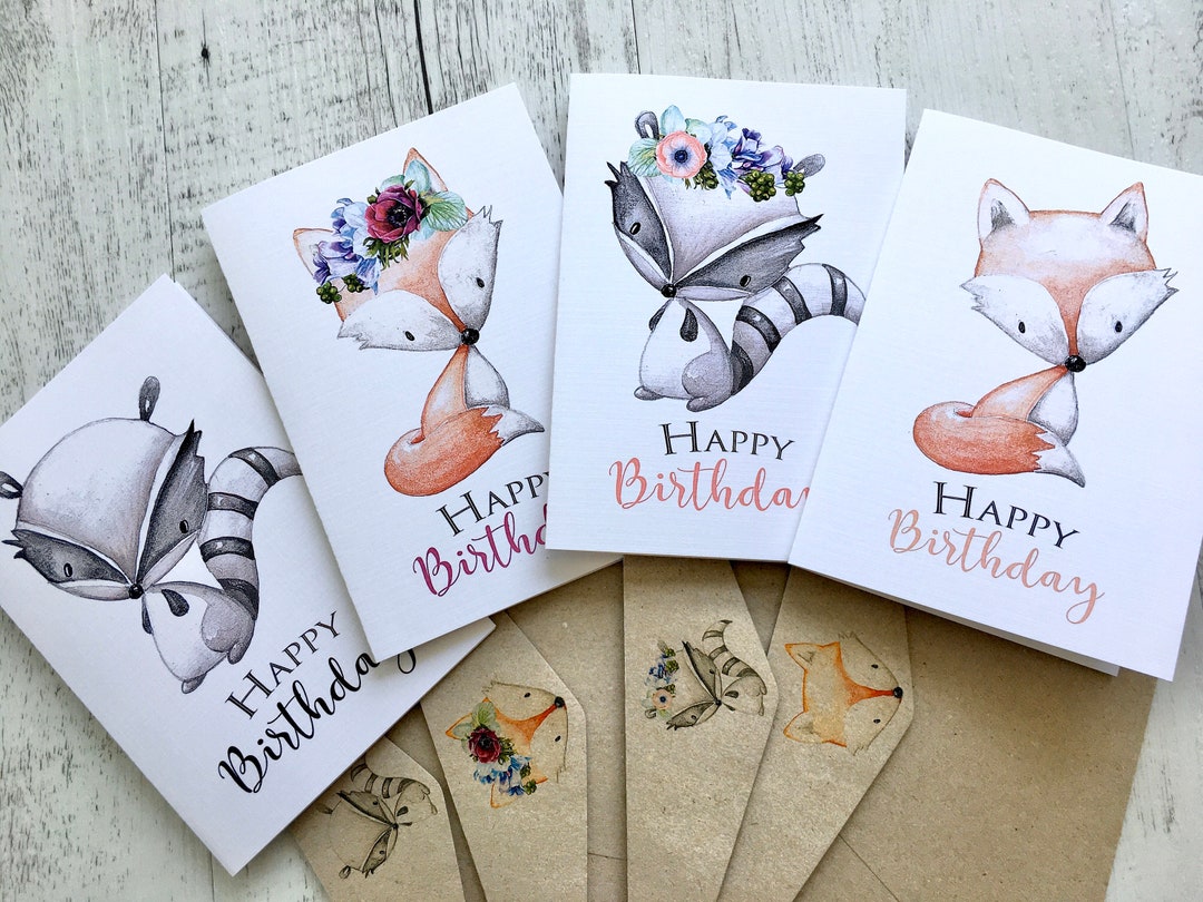 WOODLAND ANIMALS Birthday Cards Set of 4 or Buy Individually - Regular ...