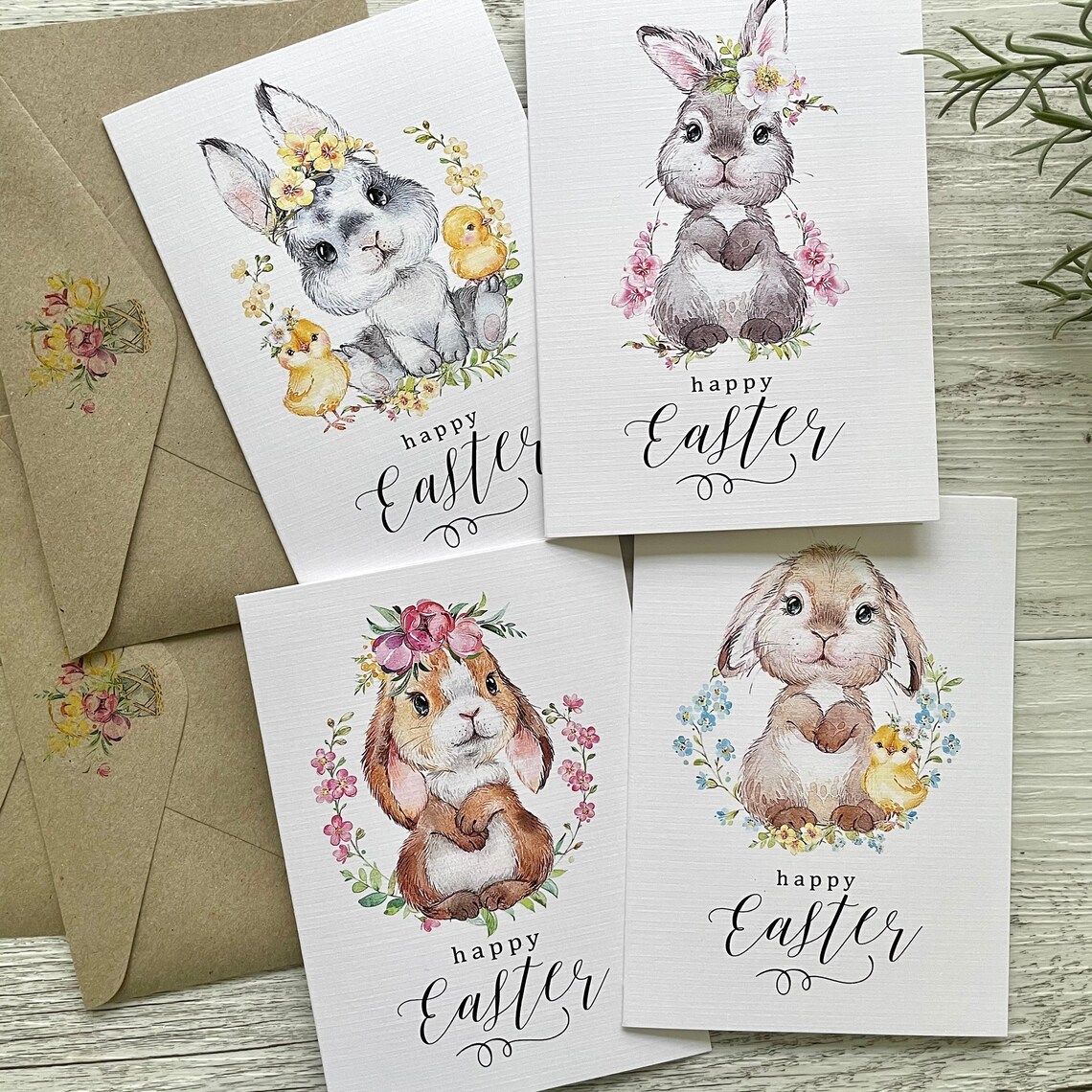 BUNNIES EASTER Cards Set of 4 Assorted Adorable Bunny - Etsy Australia