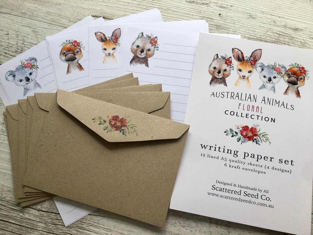 AUSTRALIAN ANIMALS Floral and Leaves Writing Paper Set - Koala Kangaroo ...