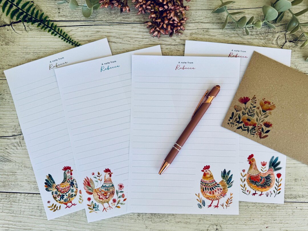 Personalised Writing Paper Set - FOLK ART CHICKENS - Set of 20 - Penpal ...