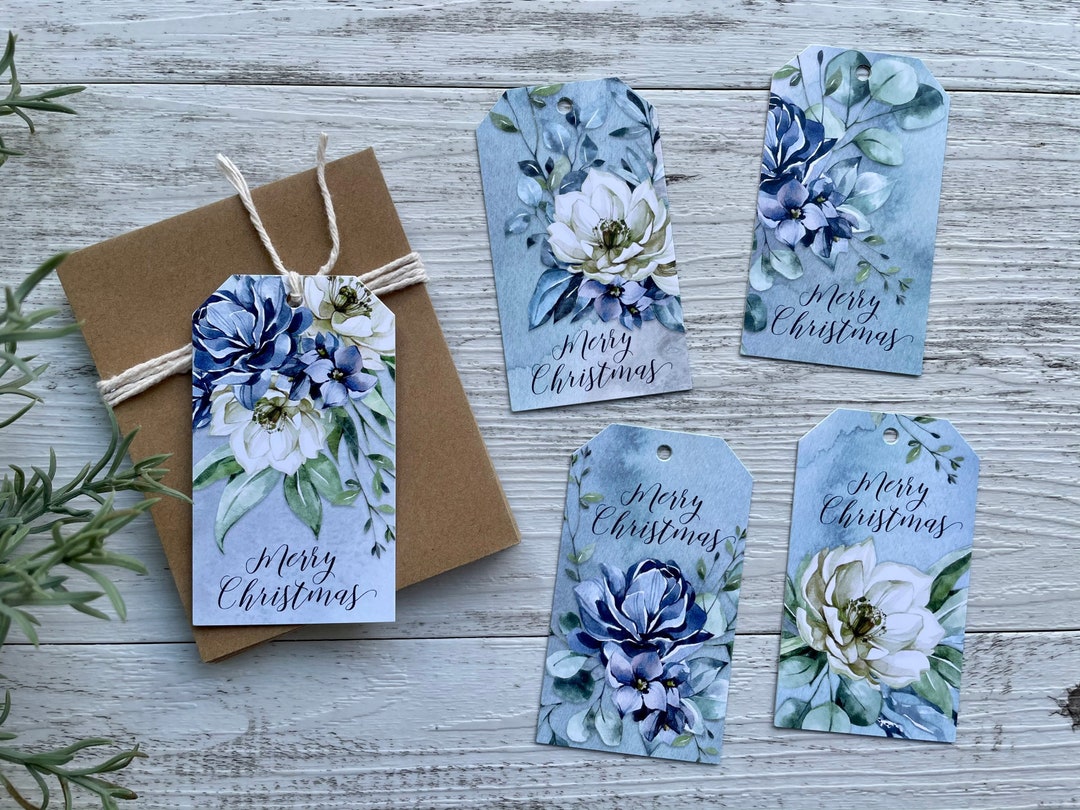 BLUE and WHITE FLORAL Christmas Gift Tags Unique Christmas Swing Tags ...