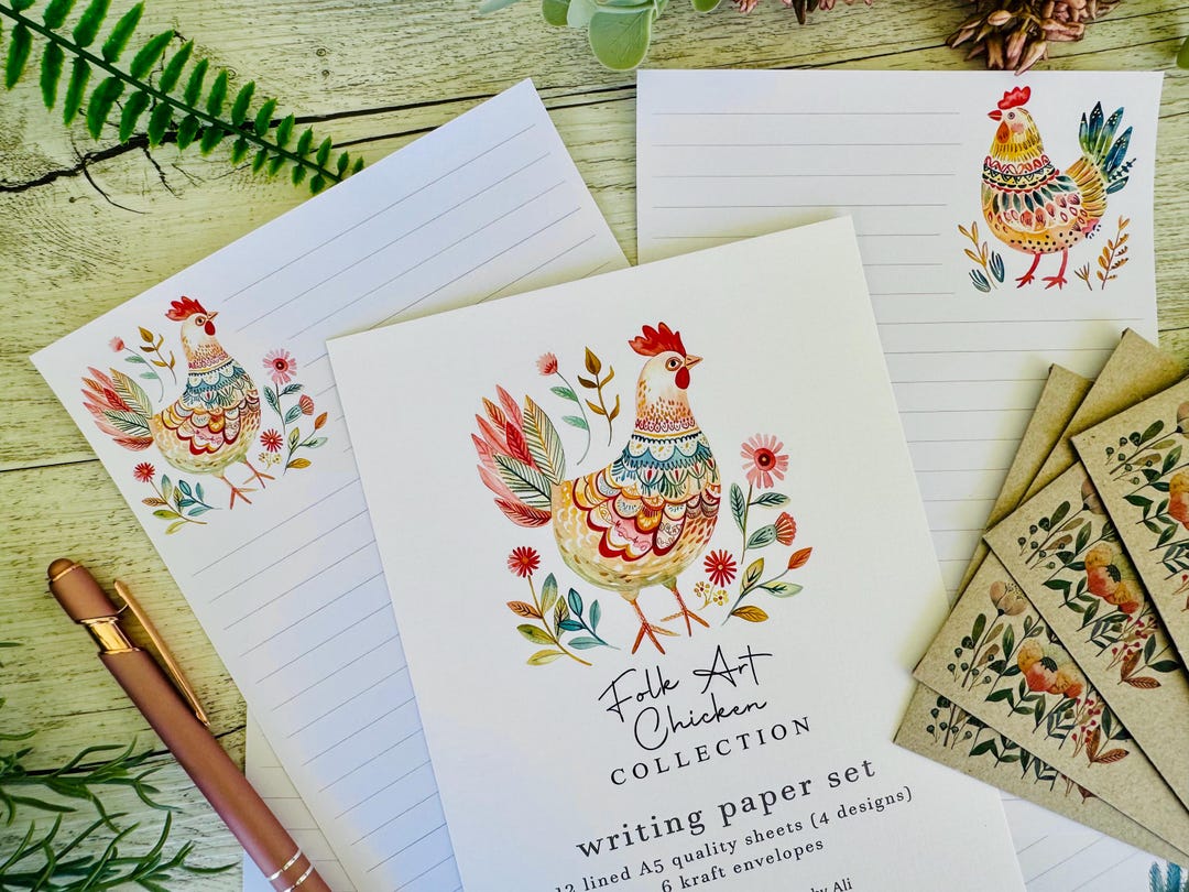FOLK ART CHICKENS Writing Paper Set - Chicken and Rooster Themed ...