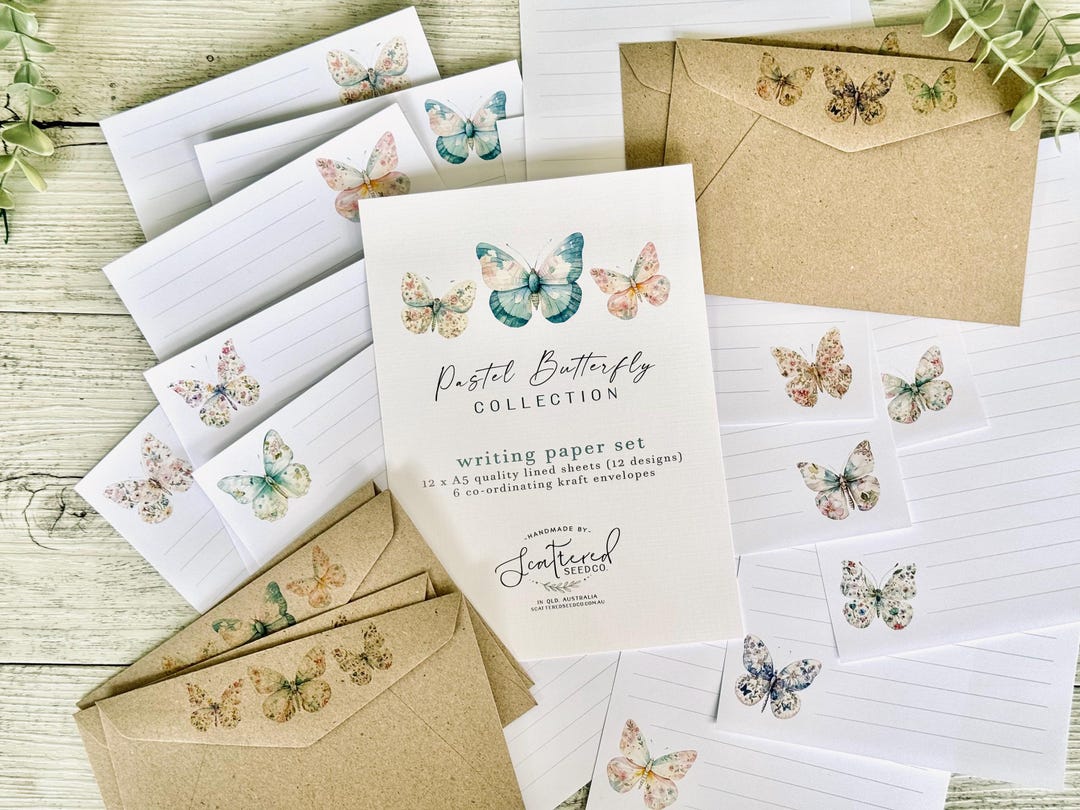 PASTEL BUTTERFLY Collection Writing Paper Set - Insect Themed Notepaper ...