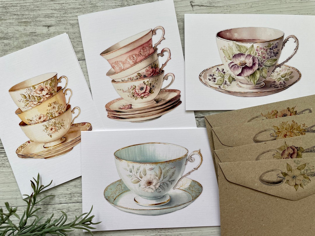 New! Pastels VINTAGE TEACUP COLLECTION Cards Set of 4 - Set C (pastels ...