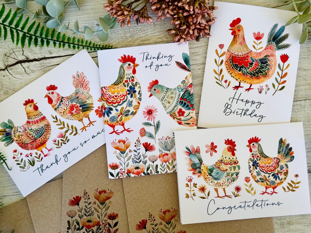 FOLK ART CHICKEN Cards - 4 Assorted Chook Designs - Happy Birthday ...