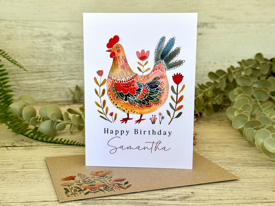 Birthday Card FOLK ART CHICKEN - Personalised Chicken Rooster Birthday ...