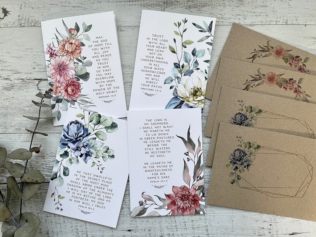 Watercolour FLORA SCRIPTURE Cards Set of 4 - Christian Card Set - Psalm ...
