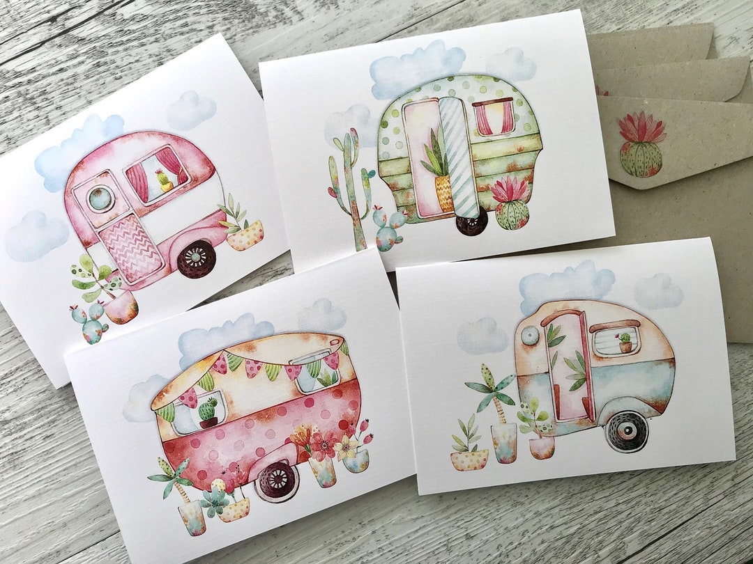 VINTAGE CARAVANS Regular or Mini Sized Cards Set of 4 - Glamping Blank ...