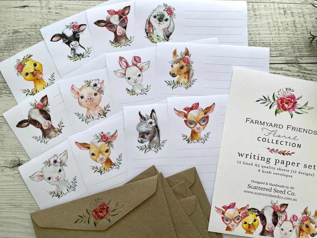 Floral FARMYARD FRIENDS Girls Writing Paper Set - Farm Animal Themed ...