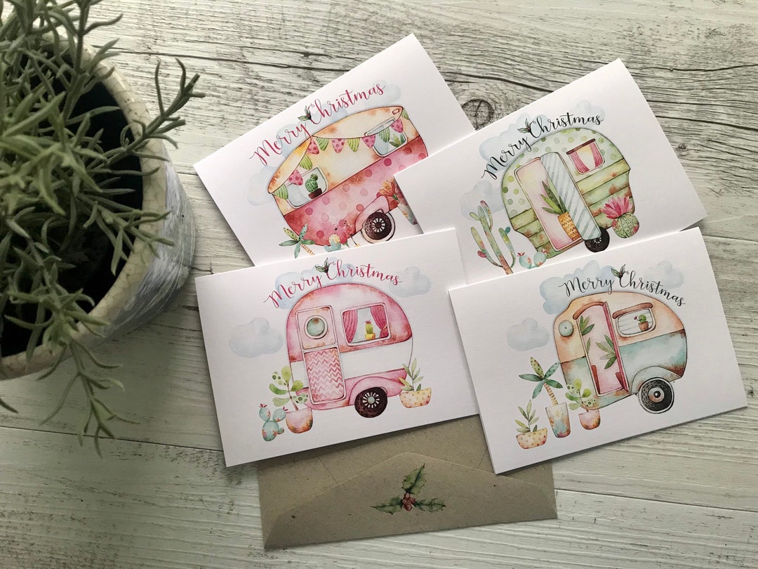 CHRISTMAS VINTAGE CARAVANS Regular or Mini Sized Cards Set of 4 ...