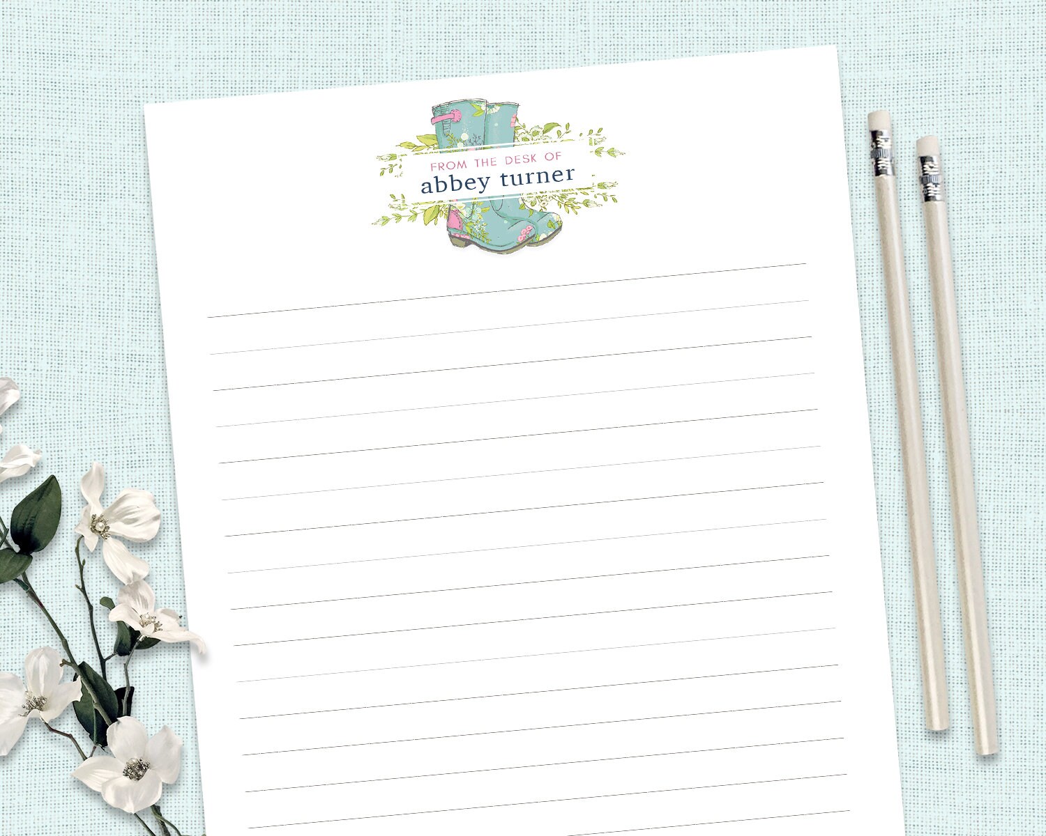 Personalised Writing Paper Set - SPRING FLORAL GUMBOOTS - Set of 20 ...