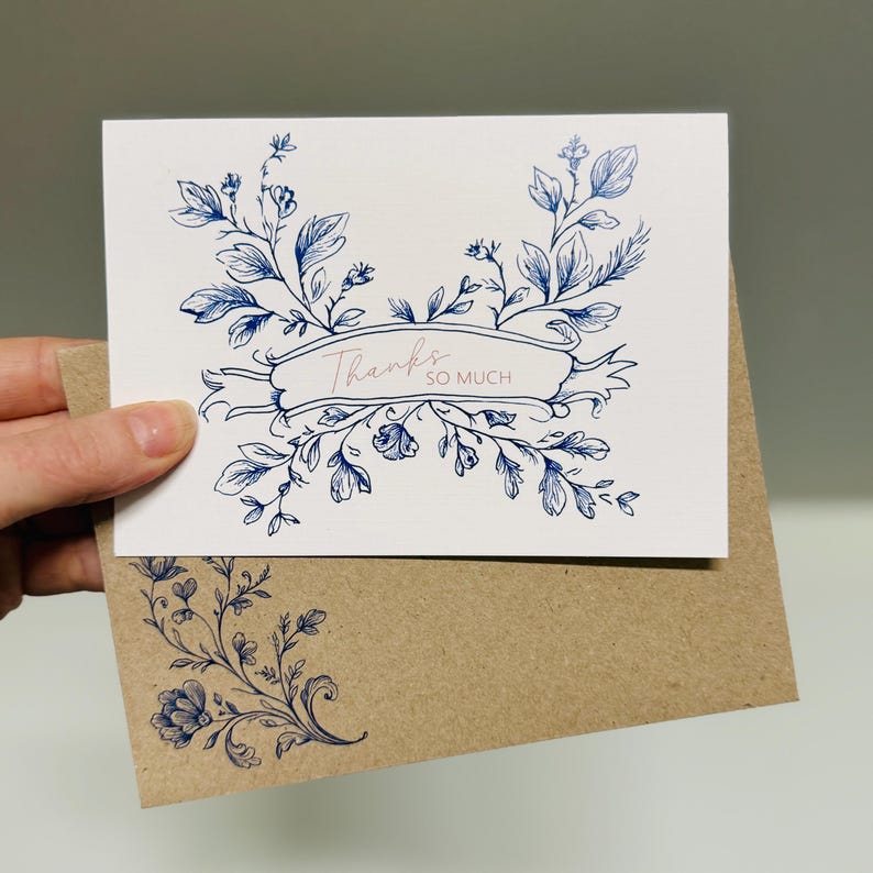 Blue & White Line Art Greeting Cards Blue Florals Set of 4 - Birthday ...