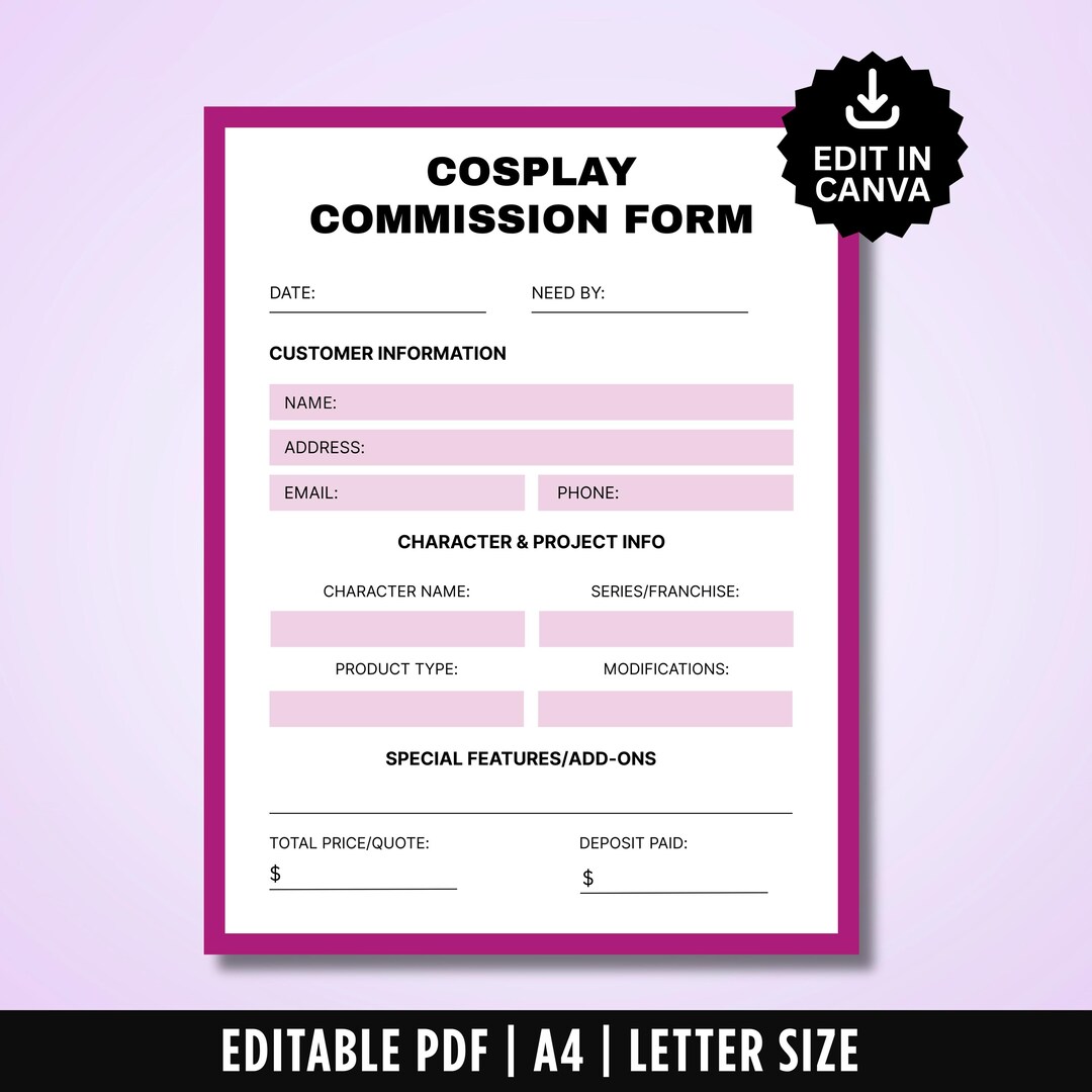 Cosplay Commission Form Template, Custom Order Form Template, Editable Cosplay Sheet, Otaku ...