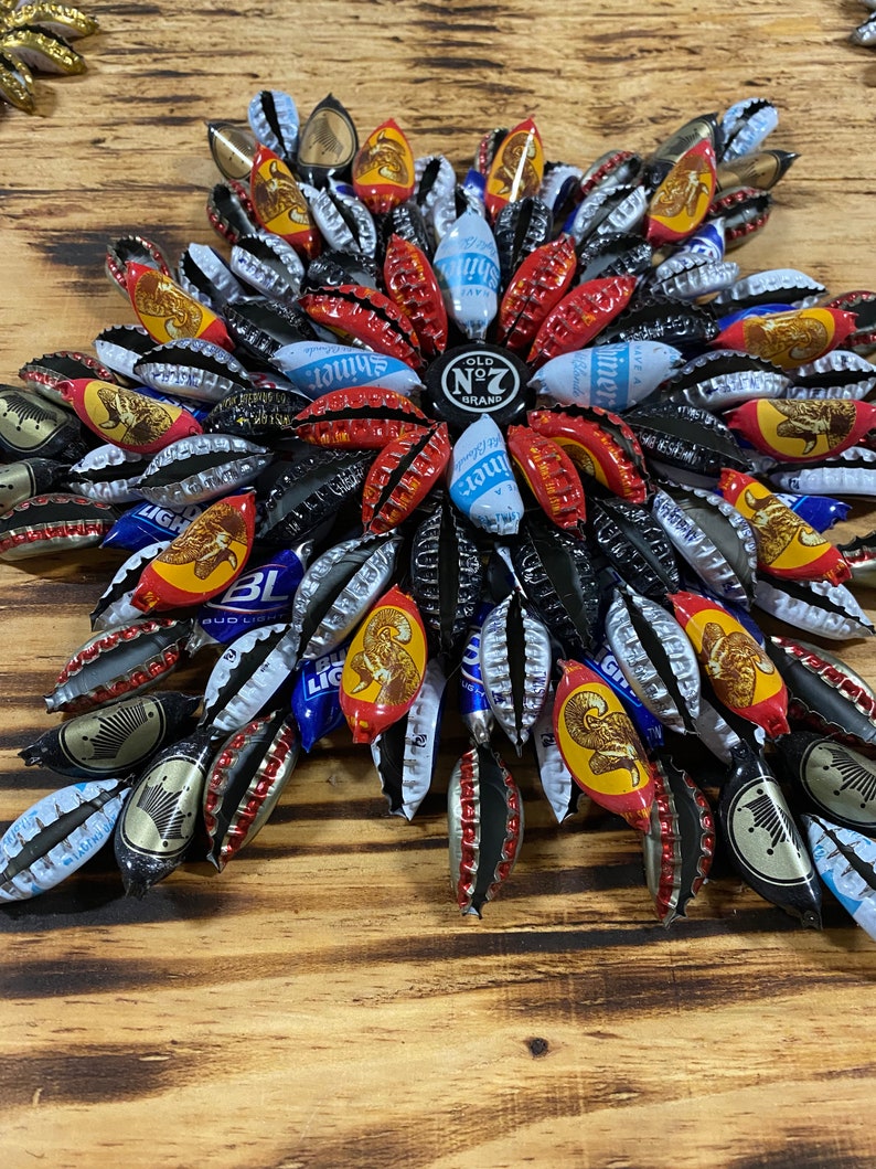 Unique Beer Bottle Cap Art Sunburst With Flowers - Etsy
